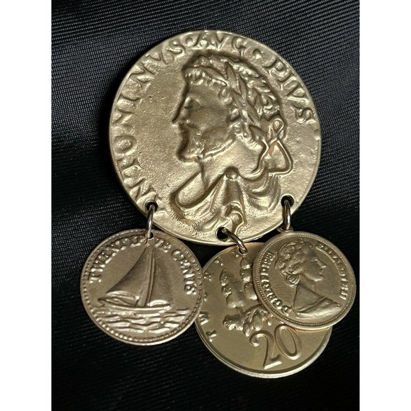 Unbranded | Jewelry | Vintage Coin Brooch Pin With Dangle Coins Brushed ...